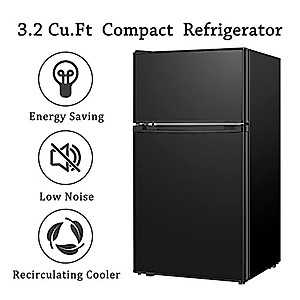 HAILANG 3.2 Cu.ft Mini Fridge with Freezer, 2 Door Compact Refrigerator with Low Noise, For Bedroom, Living Room, Dorm, Kitchen, Office (Black)