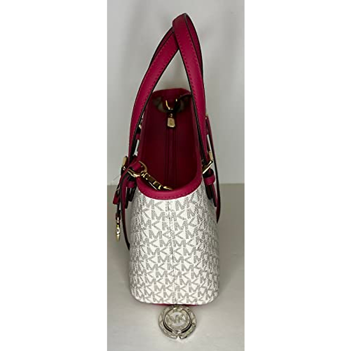 Michael Kors Jet Set Travel XS Carryall Convertible Top Zip Tote bundled with SM TZ Coinpouch and Purse Hook (Carmine Pink MK Multi)