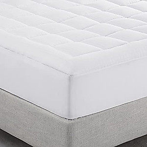 SERTA ComfortSure Breathable Elastic Dobby Check Quilted Pillow Top Mattress Pad Cover with 18" Deep Pocket for All Season, White, Queen