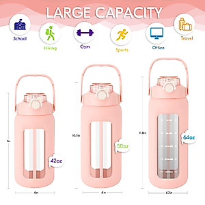 Zukro 64 oz Glass Water Bottle, Motivational Reusable Large Half Gallon Reusable Water Jug With Handle and Straw, Silicone Sleeve for Sport, Gym and Workout, Time Marker Reminder Quotes to Drink