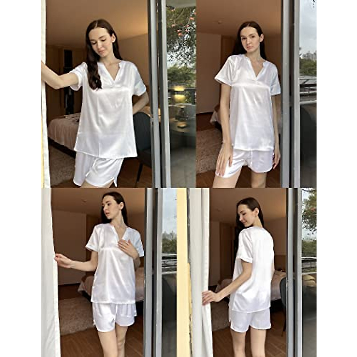 Ekouaer Pajamas Set Womens Satin Silk Loungwaer Set Short Sleeve Pj Shirts and Elastic Waistband Shorts Sleepwear White