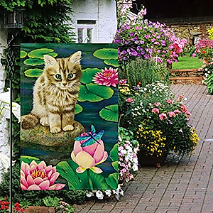 Kenomi Cute Cat Garden Flag Funny Lotus Dragonfly Garden Flag Vertical Double Sided Rustic Farmland Burlap Yard Lawn Outdoor Decor 12.5x18"