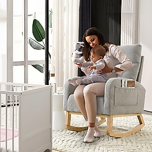 JEEOHEY Rocking Chair Nursery,Teddy Fabric Upholstered Baby Glider Rocker Chair,Comfy Accent Arm Chair with Side Pockets&Solid Wood Legs,Modern Nursing Single Sofa Chair for Living Room,Bedroom(Grey)