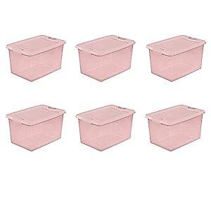 64 Qt. Plastic Latching Storage Box, Storage Bin Tote Organizing Container With Durable Lid, Stackable and Nestable Snap Lid Plastic Storage Bin, Set of 6 (Pearl Blush Tint)