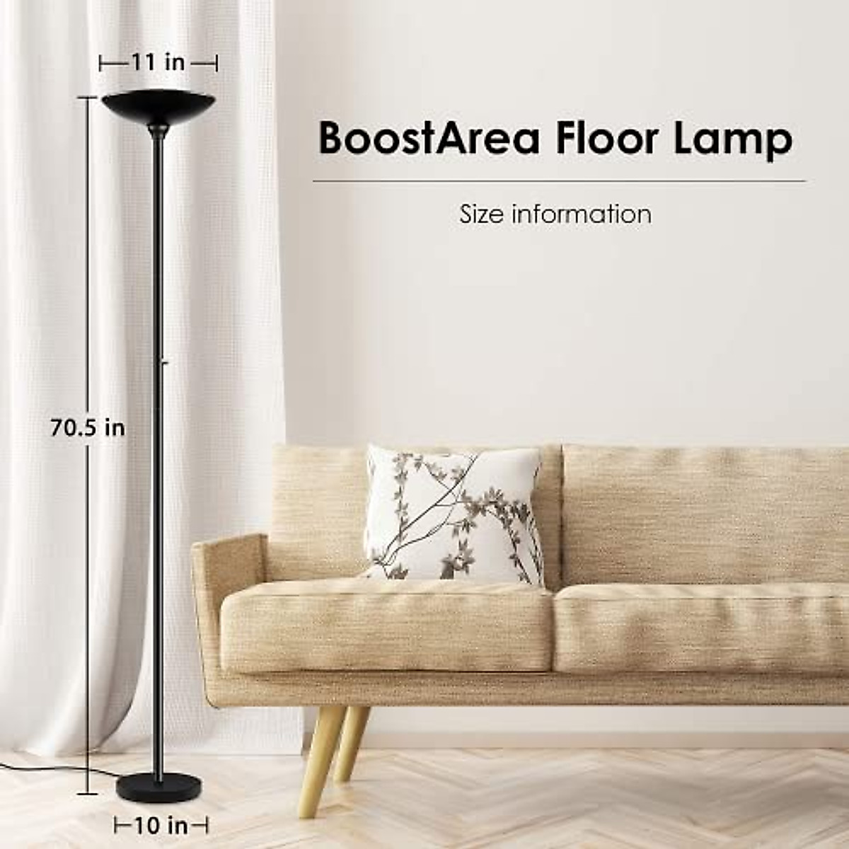 BoostArea Torchiere Floor Lamp, 24W Super Bright LED Standing Lamp, Stepless Dimmable Pole Lamp with 3000K Lighting, Rotary Switch, 70 Inch Tall Metal Modern Floor Lamps for Living Room/Bedroom Black
