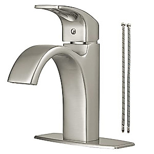 Hoimpro Waterfall Brushed Nickel Single Hole Bathroom Faucet, Single Handle Bathroom Vanity Sink Faucet, Rv Vanity Faucet, Brushed Nickel (1 or 3 Hole)