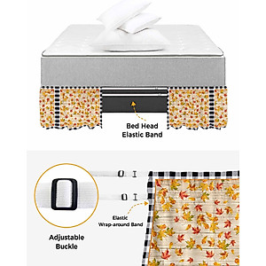 Orange Maple Leaf Bed Skirt Cal King Size 16 Inch Drop,Adjustable & Elastic Wrap Around Bed Skirts Pleated Luxury Ruffles for Twin Full Queen Cal King Bed,Autumn Fall Leaves Rustic Black White Plaid