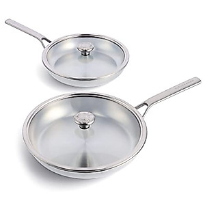 Merten & Storck Tri-Ply Stainless Steel 10" & 12" Frying Pan Skillet Set with Glass Lids, Professional Cooking, Multi Clad, Drip-Free Pouring Edges, Browning, Induction, Durable,Oven & Dishwasher Safe