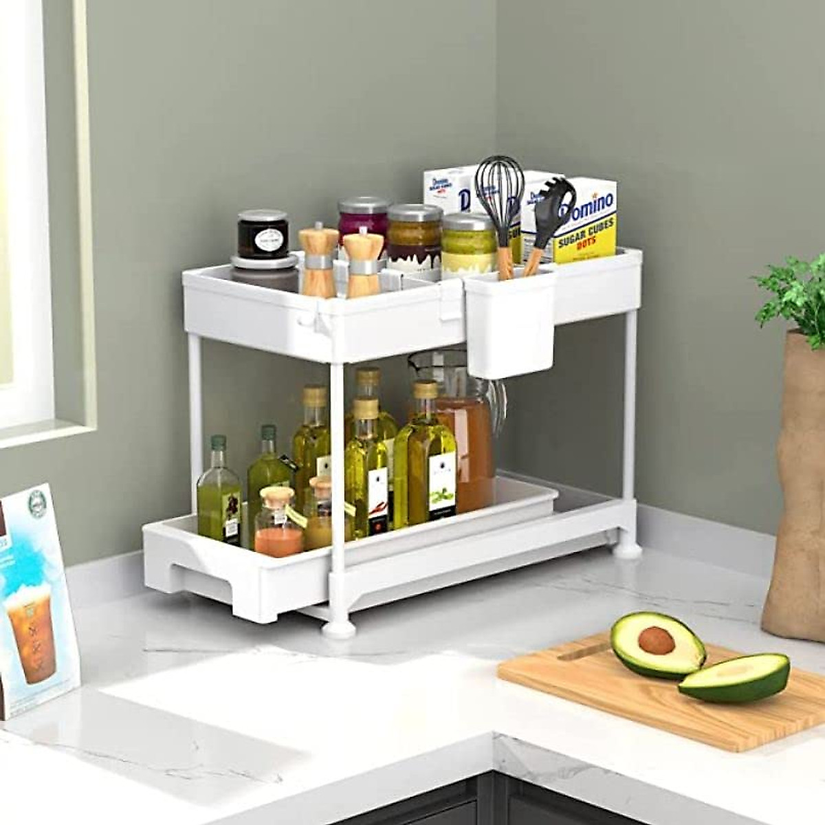 2 Tier Storage Organizer Multi-purpose Under Cabinet Bathroom Under Sink Organizers and Storage White Under Sink Storage for Bathroom Kitchen