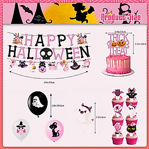 DPKOW Pink Halloween Party Decorations with Happy Halloween Banners, Cupcake Toppers and Balloons Pink and Black Halloween Decorations for Girls Kids Baby Shower Boo Day Birthday Party Supplies, 36Pcs