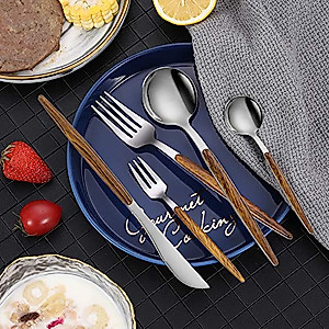 20-Piece Silverware Set with Faux Wooden Handle, Stainless Steel Flatware Set, Tableware Cutlery Set for 4 Including Forks Spoons Knives, Utensil Set for Home and Restaurant,Hand Wash Recommended