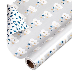 American Greetings 175 sq. ft. Reversible Wrapping Paper for Baby Showers, Birthdays and All Occasions, Clouds and Stars (1 Roll, 30 in x 70 ft.)