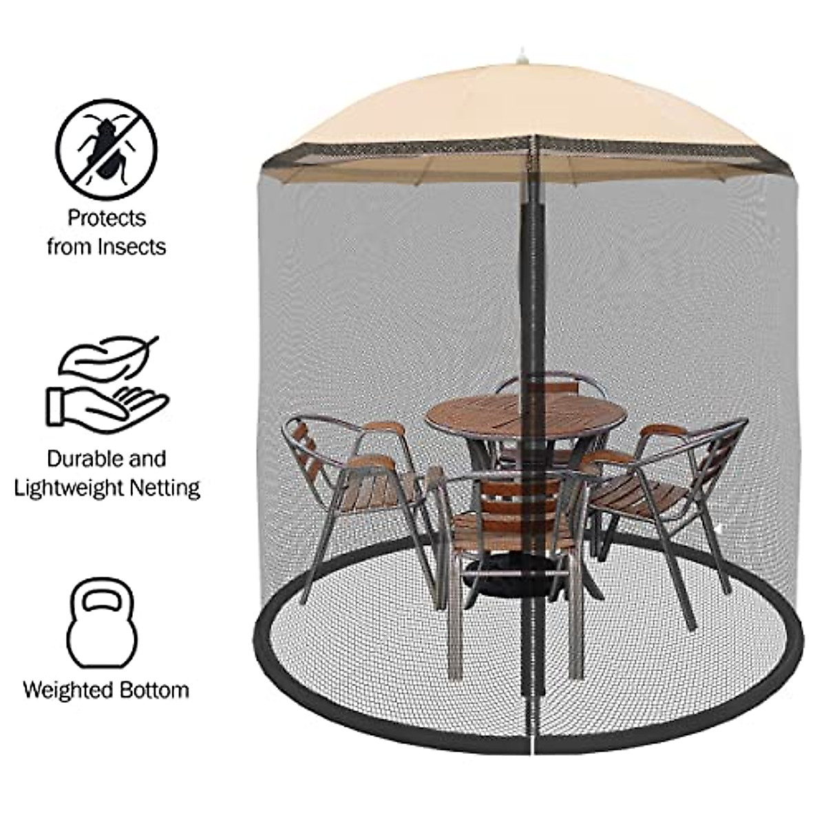 Pure Garden 82-5677C Netting for Patio Table Umbrella, Garden Deck Furniture-Zippered Mesh Enclosure Cover, 7.5', Black