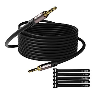 3.5mm Auxiliary Audio Stereo Cable 25 Feet, Long Male to Male Aux Cord, Gold Plated Connectors, OFC Core, Black Cable (with 5 pcs Cable Ties) - 25ft