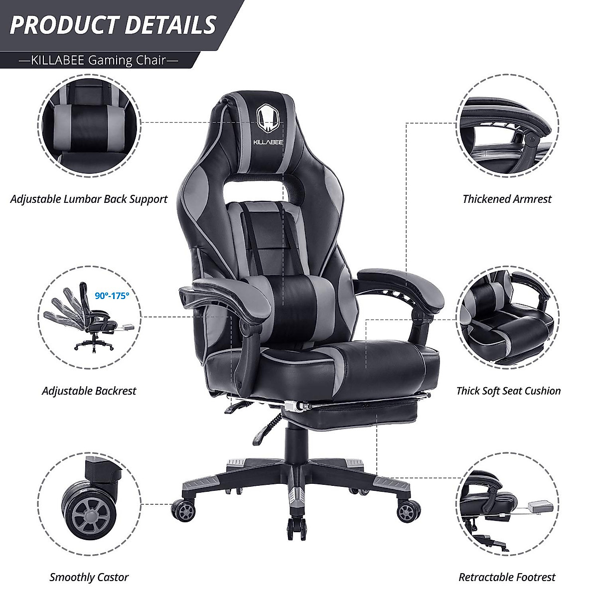 KILLABEE Massage Gaming Chair High Back PU Leather PC Racing Computer Desk Office Swivel Recliner with Retractable Footrest and Adjustable Lumbar Support, Gray/Black