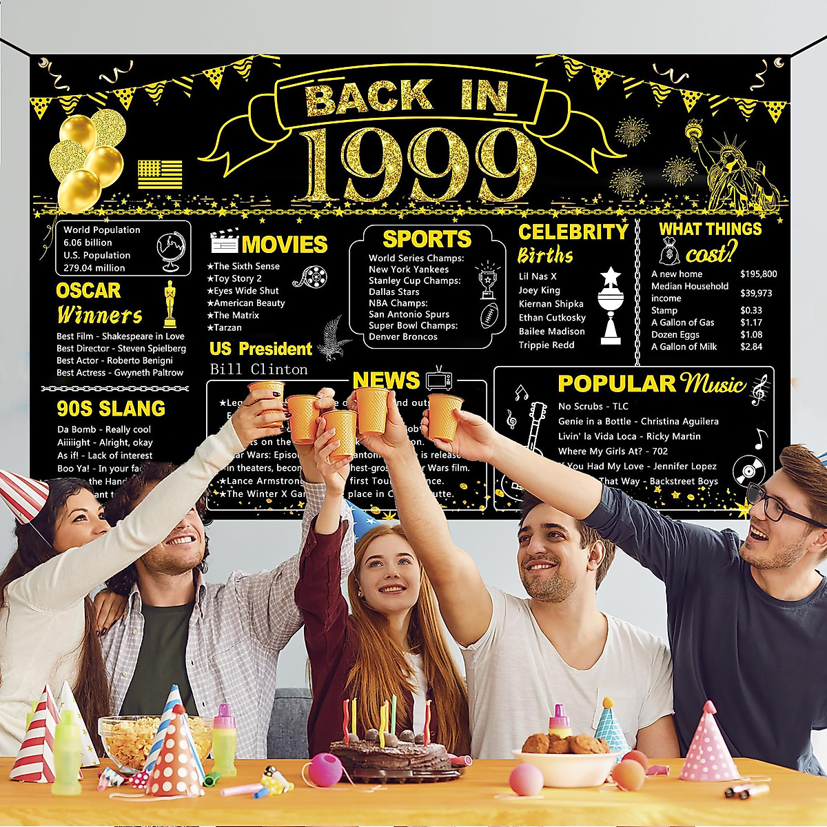 DARUNAXY 25th Birthday Black Gold Party Decoration, Back in 1999 Banner 25 Year Old Birthday Party Poster Supplies Vintage 1999 Backdrop Photography Background for Men & Women 25th Class Reunion Decor