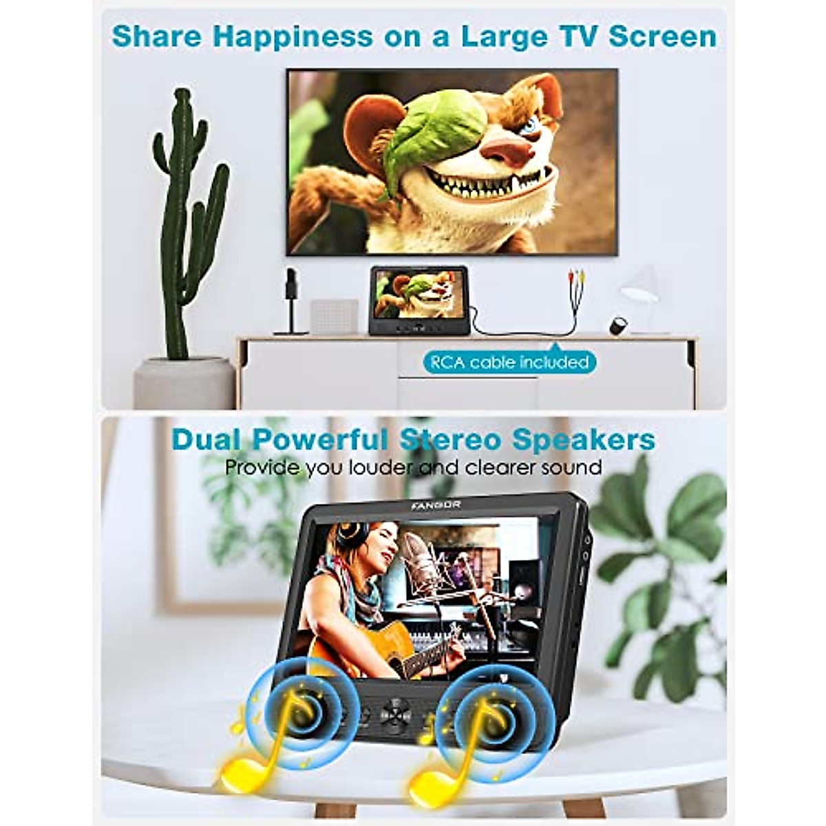 FANGOR 10.5'' Dual DVD Player for Car Portable Headrest Video Players with 2 Mounting Brackets, 5 Hours Rechargeable Battery, Last Memory, AV Out&in, Support USB/SD/Sync TV (1 Player + 1 Monitor)