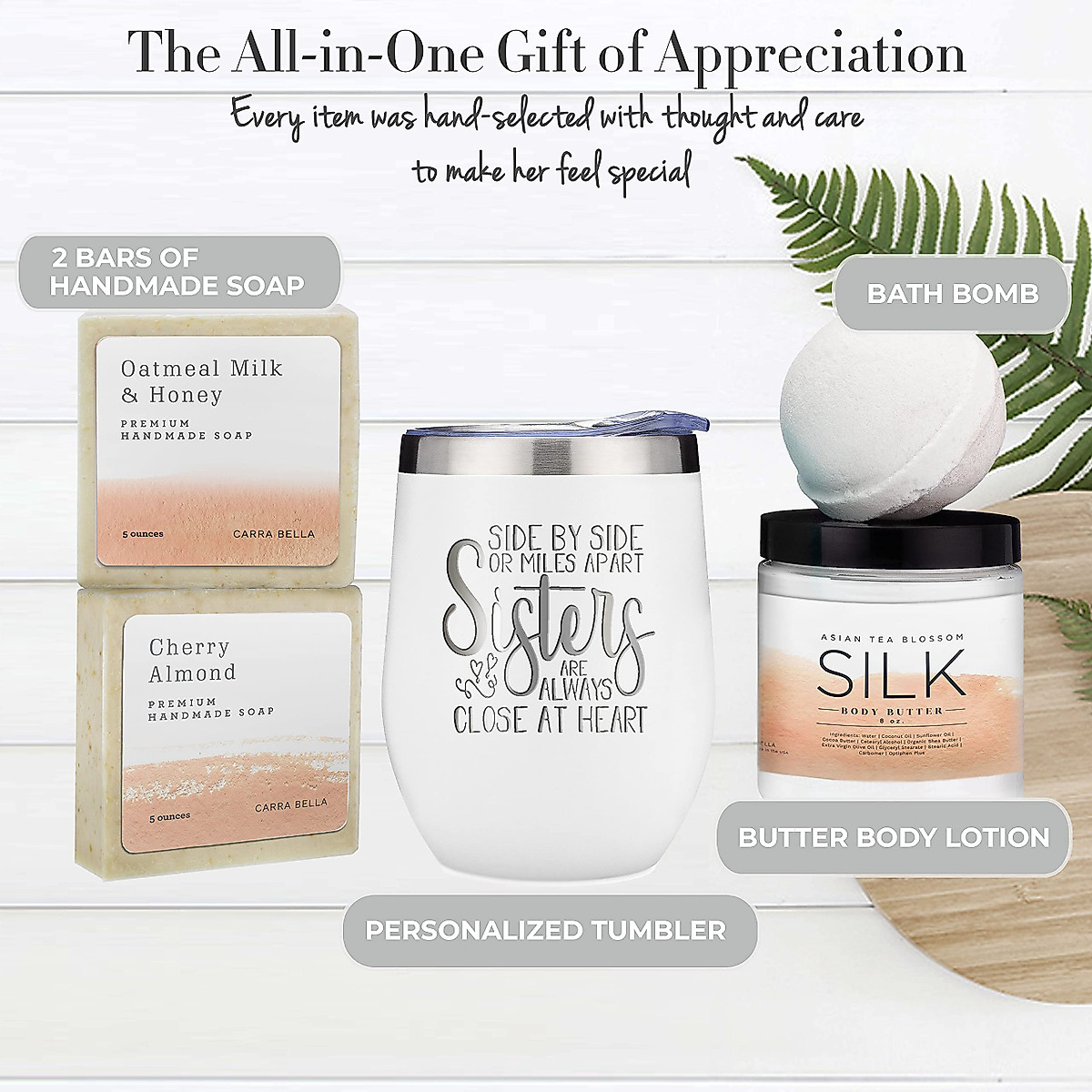 Sisters Gifts from Sister - Birthday Gifts for Sister - Relaxing Spa Gift Box w/Tumbler for Her Birthday Present - Best Unique Gift for Big Sister She'll Love - Includes Soaps, Lotion, Bath Bomb, Card