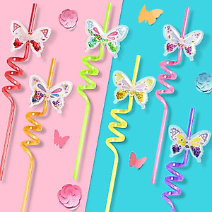 AFZMON Butterfly Drinking Straws 24 PCS Butterfly Party Favors with 2 Cleaning Brush Birthday Party Supplies Long Plastic Straw Girls Party Decorations