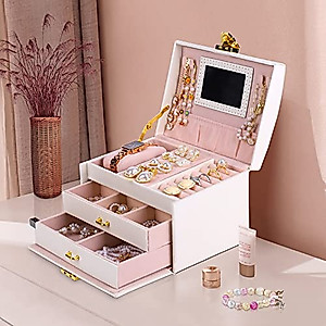 Jewelry Box for Girls Women, Jewelry Organizer Box 3 Layer with PU Leather, White Travel Jewelry Case with Mirror for Earring Ring Bracelet Necklace, Best Gift for Girls(Rose Lock & Butterfly Print)