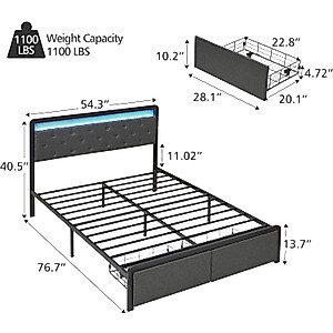 IDEALHOUSE Queen Bed Frame with 2 Storage Drawers, LED Lights Upholstered Platform Bed with Heavy Duty Metal Slats, No Box Spring Needed, Noise Free, Easy Assembly