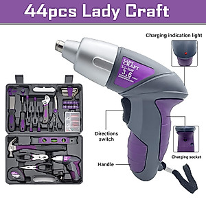 Werktough 44PCS 4V Cordless Screwdriver Tool Kit Set Pink Color Tools Lady Tools Kit Home Repair Set Toolbox Hand Tool Kit Storage Case Gift Set LADYCRAFT