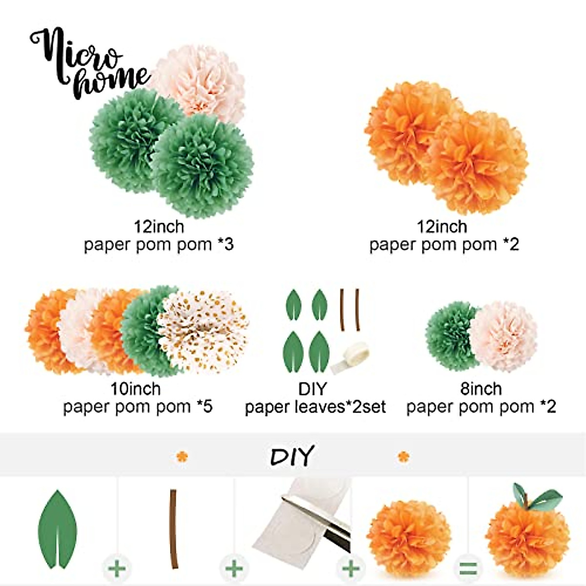 NICROHOME Little Cutie Baby Shower Decorations, 12 PCS Light Orange Green Tissue Paper Pom Poms for Party Decorations, Birthday, Spring Summer Party, Fruit Themed Parties