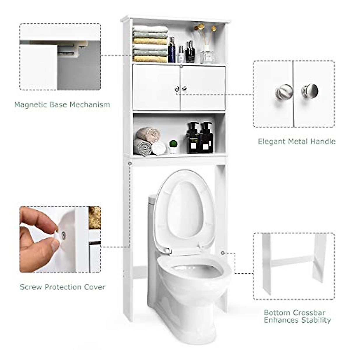 Giantex Over The Toilet Storage Cabinet w/Three-Layer Shelf & Two Doors, Landing Over Toilet Space Saver, Home Compact Wooden Tower Rack, Freestanding Bathroom Organizer, Easy Assembly, White