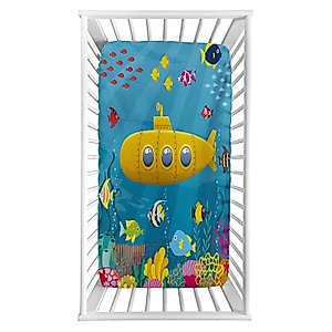 Yellow Submarine Fitted Crib Sheet,Coral Reef with Colorful Fish Ocean Life Marine Creatures Tropic Kid Microfiber Silky Soft Toddler Mattress Sheet Fitted,28"x 52"x 8'',Baby Sheet for Boys Girls