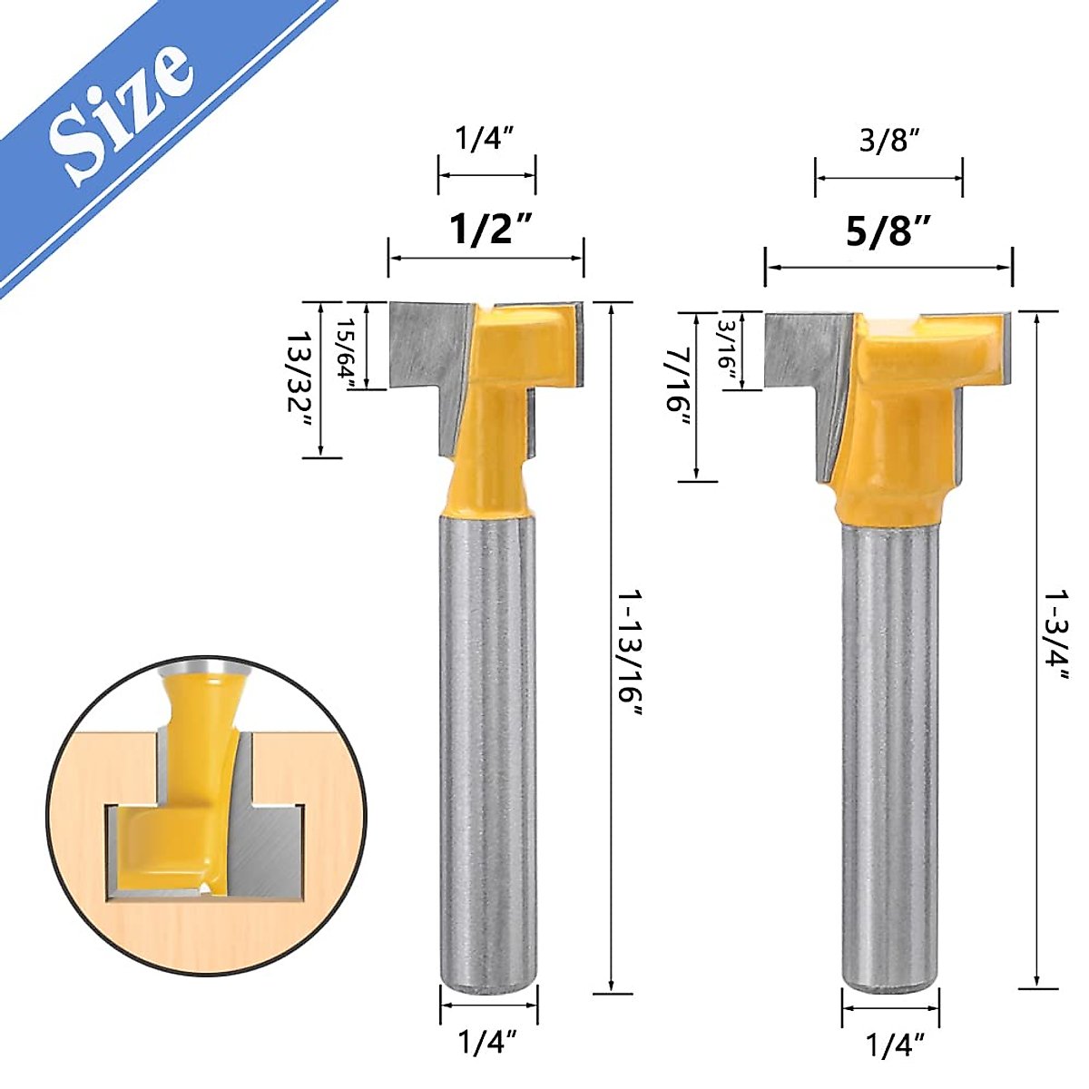 Mesee 5 Pieces T-Slot Router Bit Set, 1/4 Inch Shank T Slotting Keyhole Router Bits Woodworking T-Track Grooving Milling Cutter Tool for 5/16", 3/8", 1/2", 7/16", 5/8" Hex Bolts