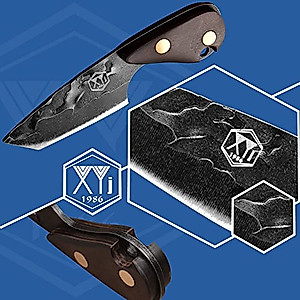 XYJ Authentic Since1986,Camping Pocket Knife With Leather Sheath,Stainless Steel Outdoor Chef Knives,Full Tang Camp Utility Knife,Black Small Portable Cutter (Style 4)