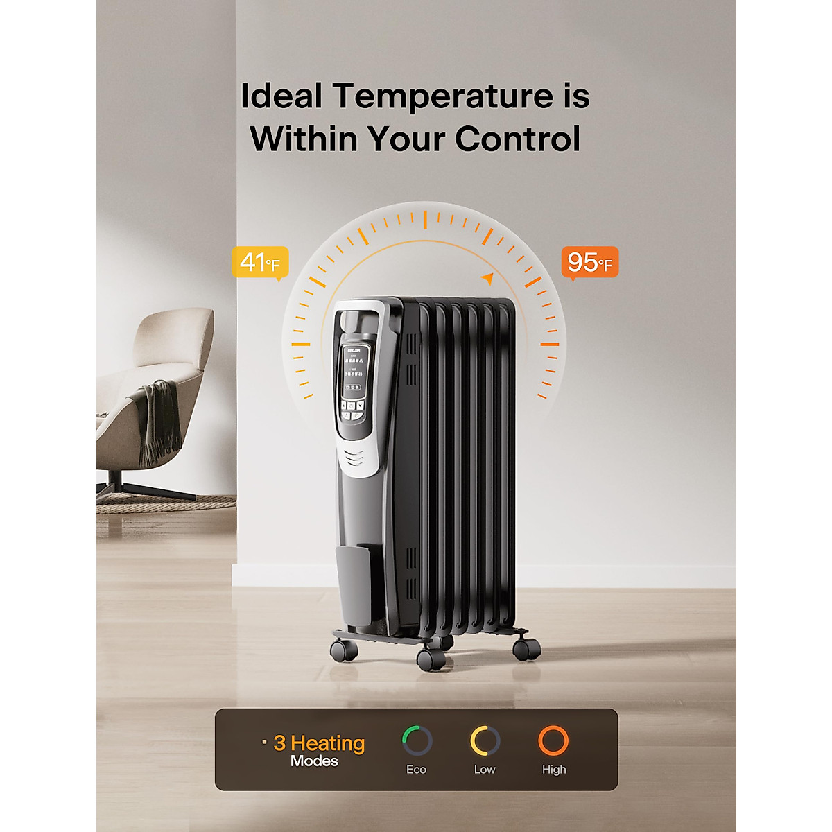 PELONIS Radiator Heater for indoor use Large Room with Remote, Thermostat & LED Display, Quiet Oil Filled Heater with 5 Temperature Settings, Overheat & Tip-Over Protection, Silver