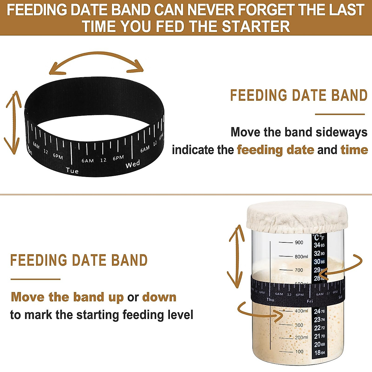 Sourdough Starter Jar Kit with 35 Oz/1000 ml Sourdough Bread Baking Supplies with Thermometer, Feeding Date Band, Silicone Scraper, Silicone Spoon Cloth Cover & Wood Lid, Wide Mouth Dough Starter Jar