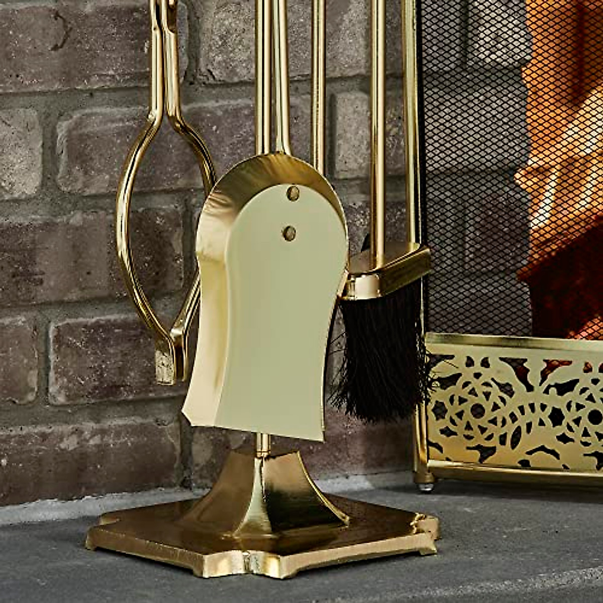 UniFlame Polished Brass Finish 5-Piece Fireplace Tools Set with Heavy Weight Steel Construction