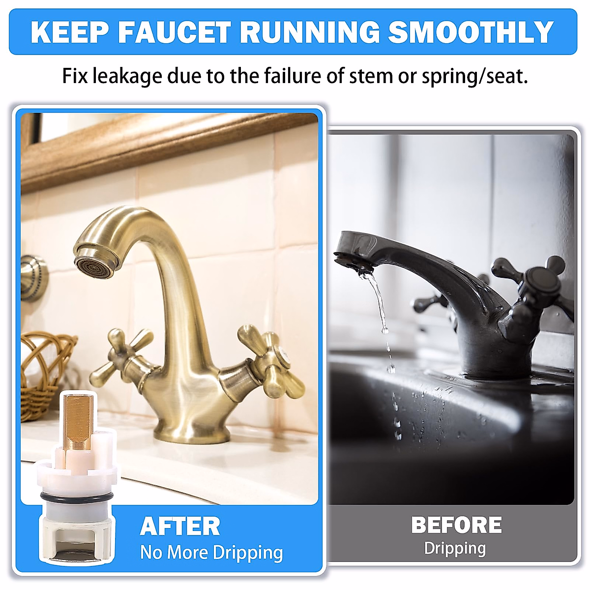 RP25513 Faucet Stem Assembly Compatible with Delta Two Handle Faucet Repair Kit with RP4993 Rubber Seat and Spring, Replacement Stems Cartridges for Delta Bathtub Shower Sink Bathroom Faucet, 2-PACK