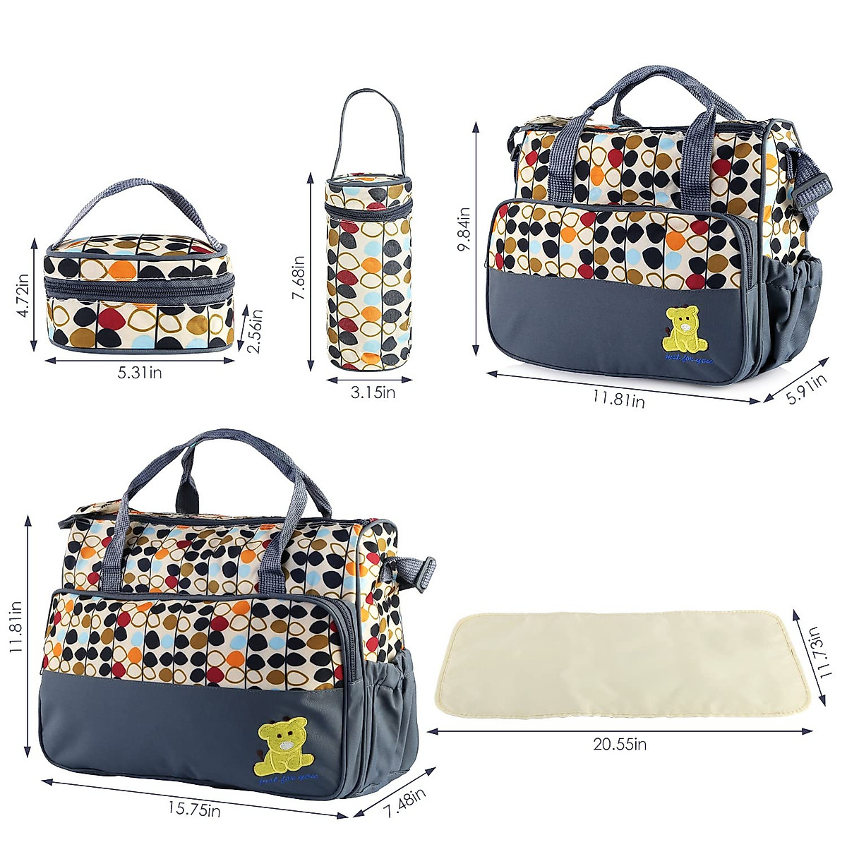 KOCASO Diaper Bag Tote,Baby Girl Boy Diaper Bag, 5 PCS Large Travel Hospital Diaper Bag Set with Changing Pad for Mom Dad,Travel Mat Station Gift Set(Grey)