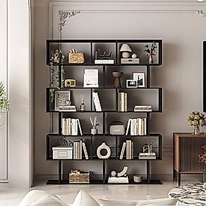 HOMEFORT Wooden Geometric Bookshelf,6-Tier S-Shaped Bookcase,6 Shelf Morden Bookshelves,Unique Freestanding Tall Book Shelf and Book Case for Bedroom and Living Room Home Office,Black