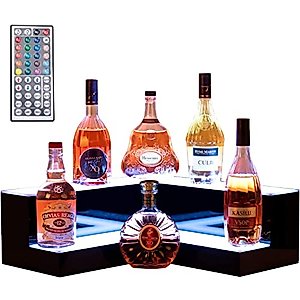Corner LED Liquor Bottle Display Shelf, 20 in 2 Step LED Display Shelf DIY Mode Illuminated Bottle Shelf Color Changing with LED Color Remote Control High Gloss Black Finish for Home Party Bar