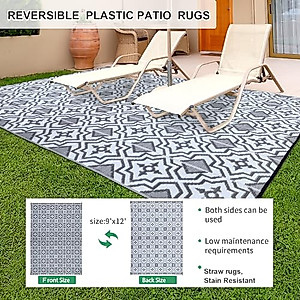 Outdoor Rugs 9x12 for Patios Clearance ,Waterproof Patio Rug, Rv Outdoor Mats, Plastic Straw Camping Rugs for Outside, Grey Lightweight Area Rug for Backyard, Deck, Picnic,Beach,Pool.. (9' x 12' Gray)