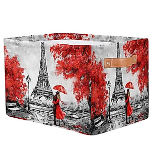 Rectangular Paris Baskets, Girls Storage Bins Kids Storage Basket with PU Leather Handles Cute Baskets Clothes Toys Box Books Baskets Gifts Baskets for Closet Shelf Nursery Bedroom 15x11x9.5 In