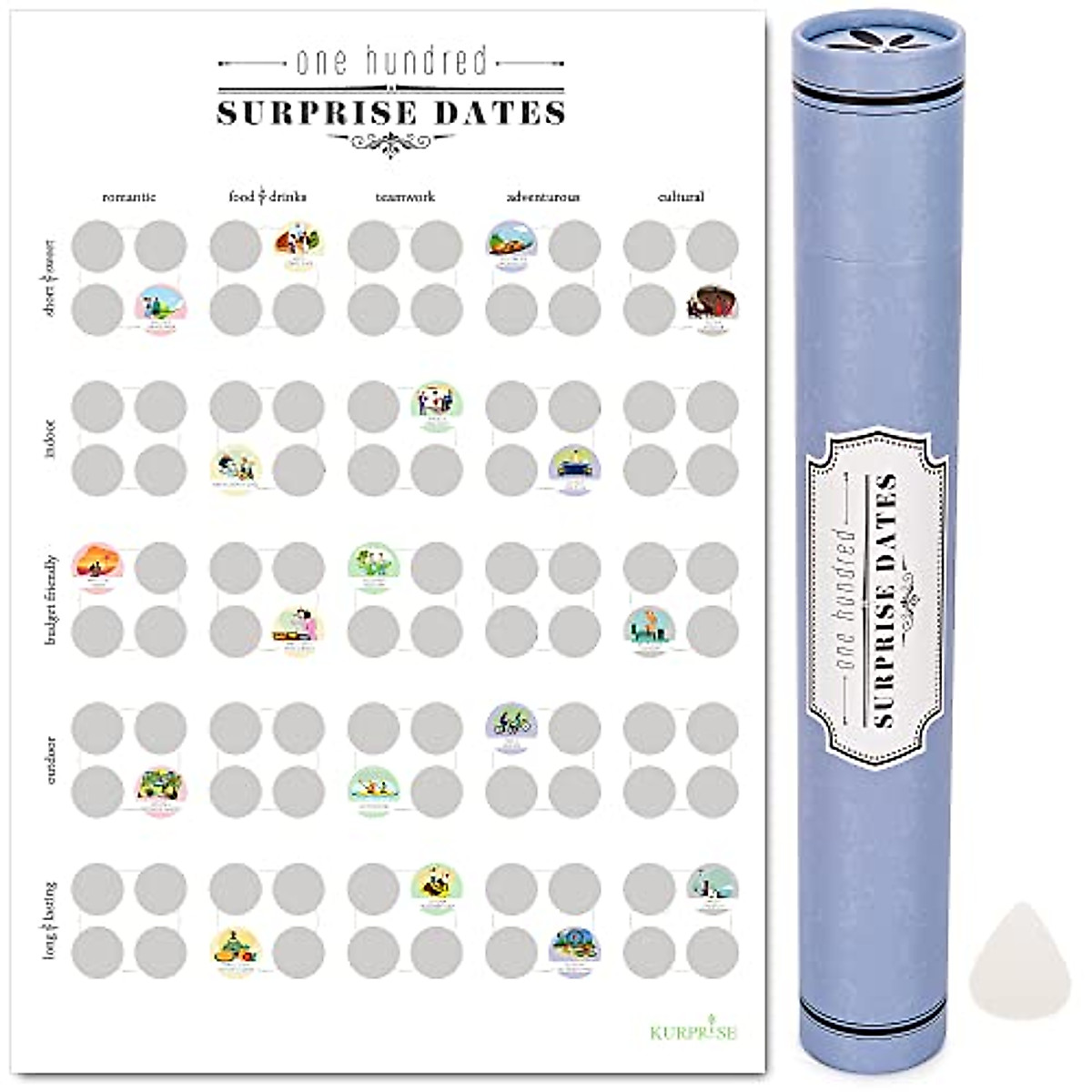 Kurprise 100 Surprise Bucket List Dates Scratch Off Poster with Fun, Interactive Date Ideas for Dating and Married Couples Games, Creative Custom Categories, Inspires Romance and Love