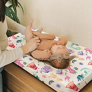 HawSkgFub Girls Dinosaur Changing Pad Cover for Baby Pink Purple, Dino Animal Tropical Diaper Change Table Covers, Ultra Soft Stretchy Breathable Safe Snug Fitted Changing Mat Sheets Fit 32"/34" x 16"