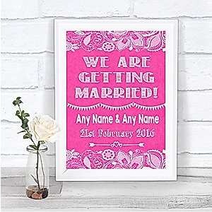 Bright Pink Burlap Lace Effect We are Getting Married Personalized Wedding Sign
