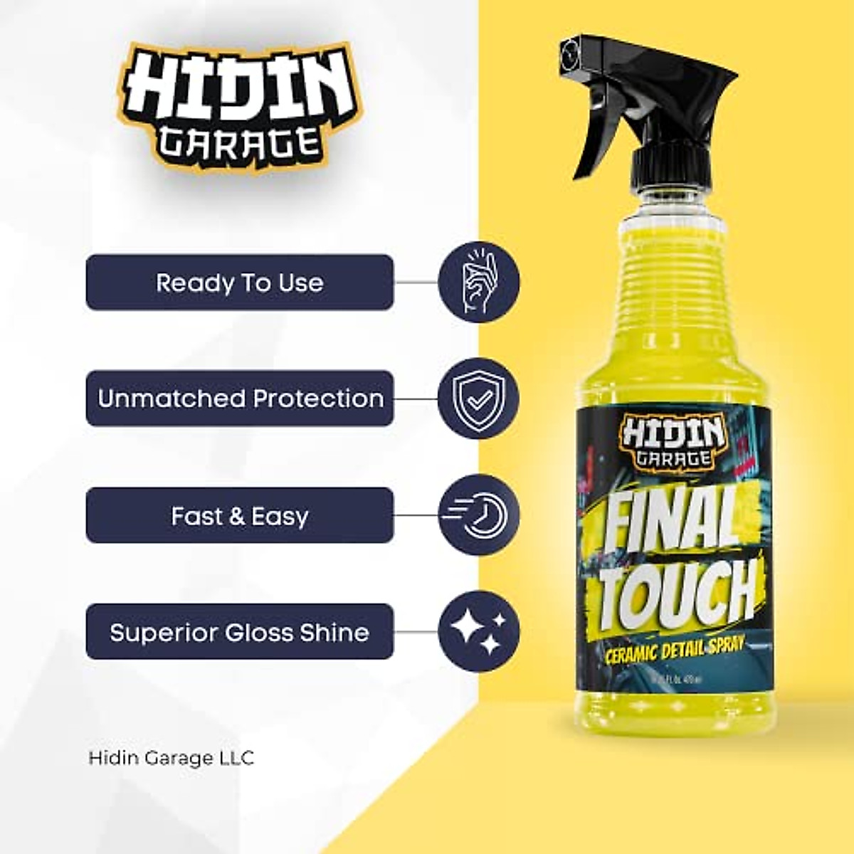 Hidin Garage Ceramic Coating – Premium Final Seal Setting Spray for Cars Wax Enhanced Protection and Deep Gloss Shine Ready to Use Wet Dry Application 16fl. oz (HG-0001-1)
