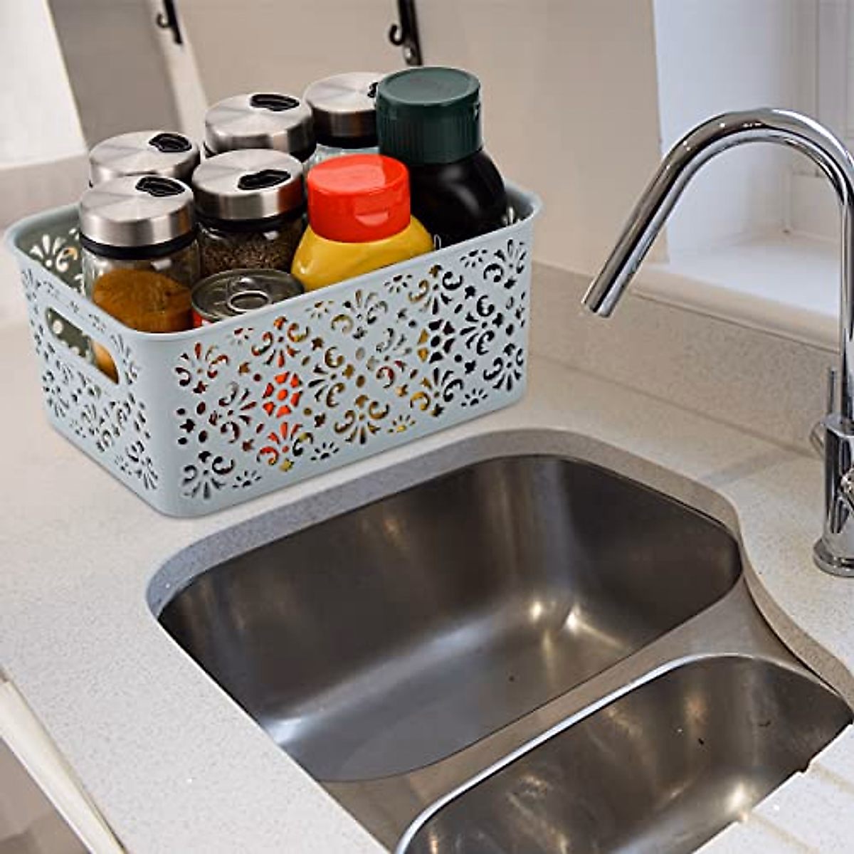 Frcctre 8 Pack Plastic Storage Baskets with Handle, Portable Hollow Desktop Storage Baskets, Stackable Organize Bins for Home, Bathroom, Classrooms, Office, School, Flower Pattern