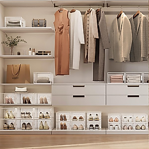 Pinkpum Shoe Organizer Storage Boxes for Closet, Clear Plastic Stackable Sneaker Storage Containers Bins with Lids, Clear Shoe Case Containers,White, 12 Pack