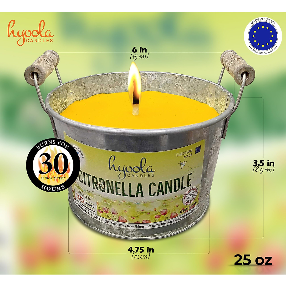HYOOLA Large Citronella Candles Outdoor Bucket - 30 Hour - Natural Repellent - European Made