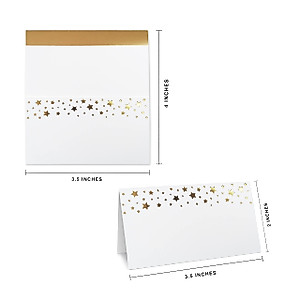 CLEVER SIGNS Gold Place Cards for Wedding or Party, 100 Pack, 2" X 3.5, Double Design, Gold Foil Stars and Line, Scored for Easy Folding, Place Cards for Table Setting, Seating Place Cards for Tables