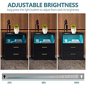 dnbss Black Nightstand with Charging Station, Night Stands with 24-Color RGB LED Lights, Smart Nightstand Black Bedside Table with Drawers, Modern Side Tables Bedroom