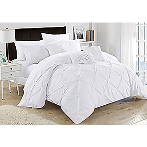Chic Home 10 Piece Hannah Pinch Pleated, ruffled and pleated complete Queen Bed In a Bag Comforter Set White With sheet set